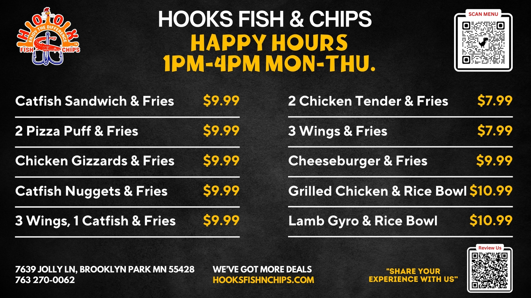 Menu | Hooks Fish And Chips Restaurant | 7639 Jolly Ln, Brooklyn Park ...